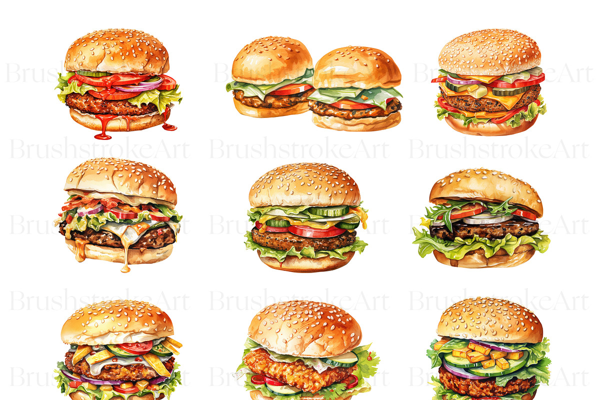 Watercolor Burger Clipart Cheeseburger