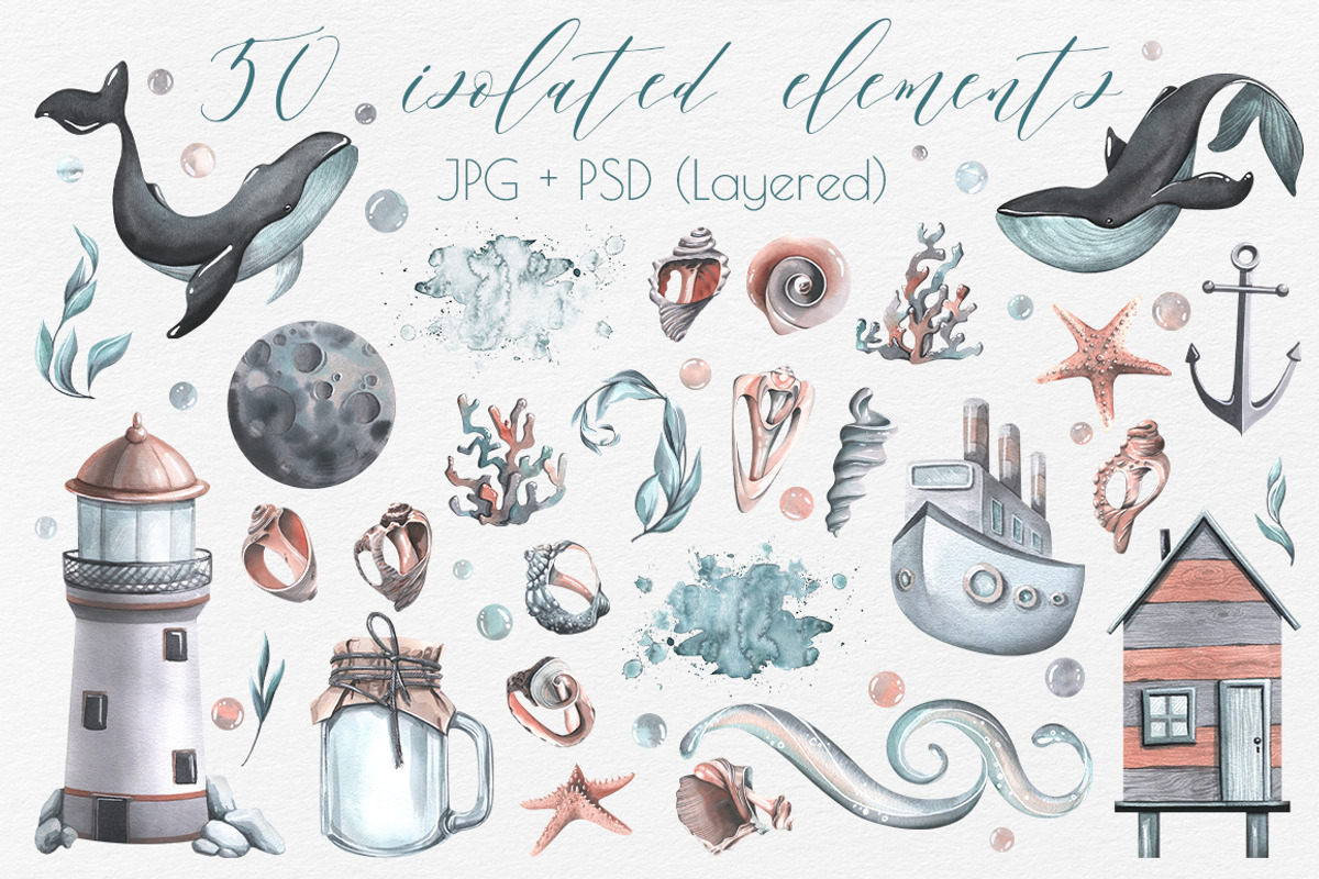 Sea whales clip art watercolor, an Animal Illustration by NATASHA CHU