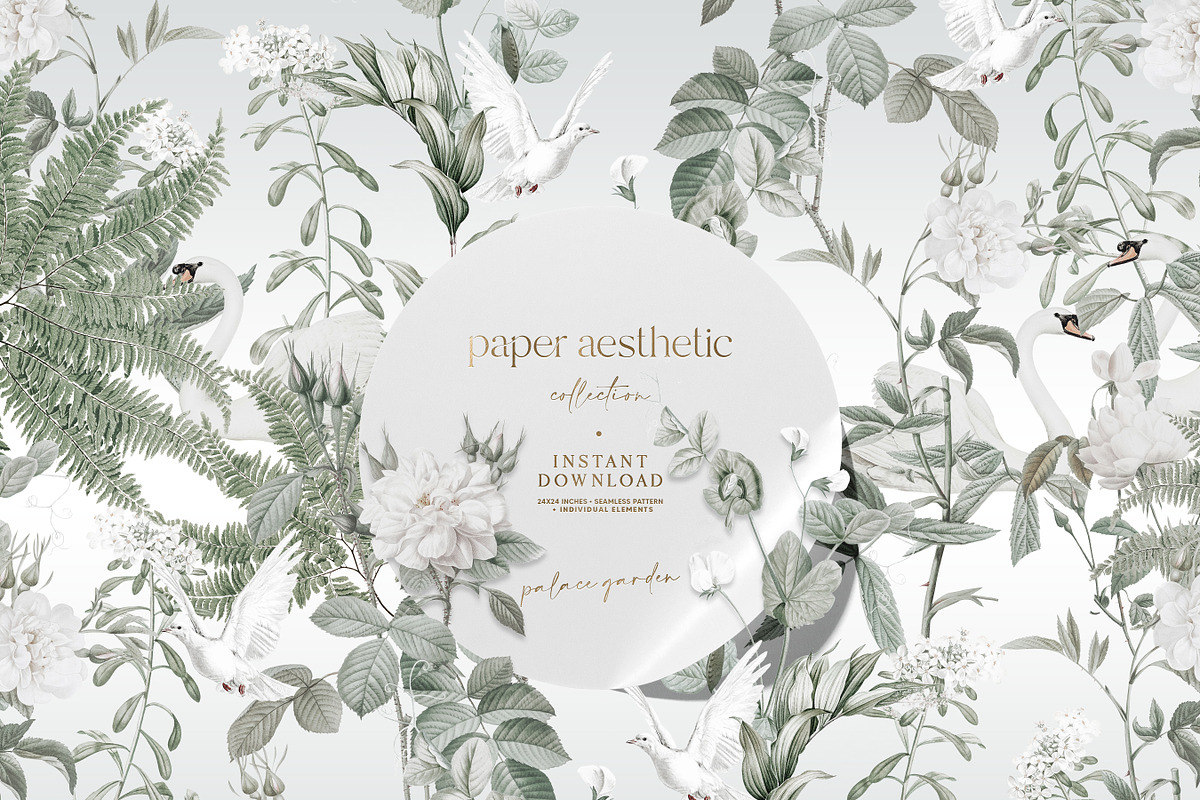 White Birds & Flowers Paper Pack, a Pattern Graphic by paper aesthetic
