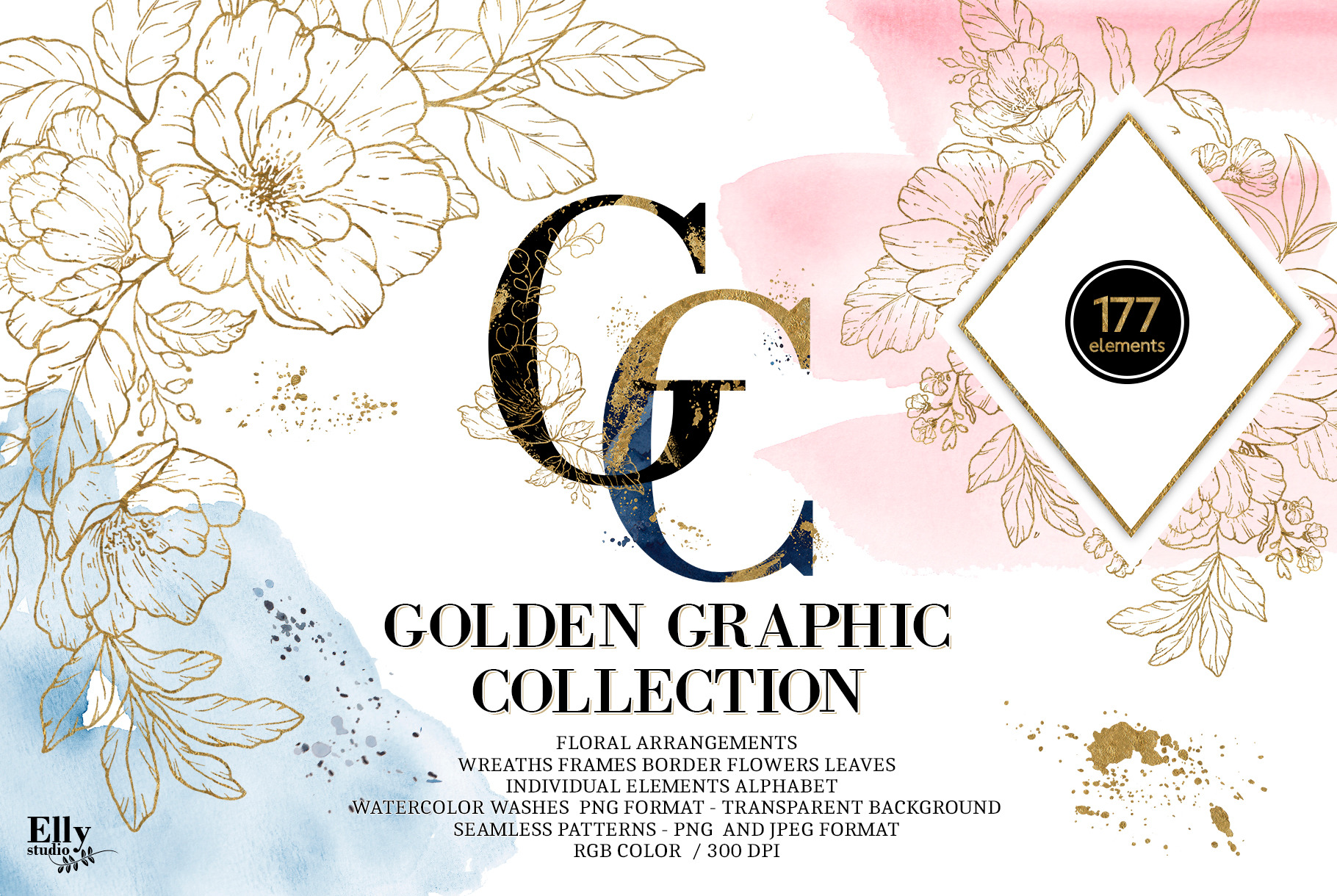 Gold Floral Graphic Collection, an Illustration by Elly Studio ...