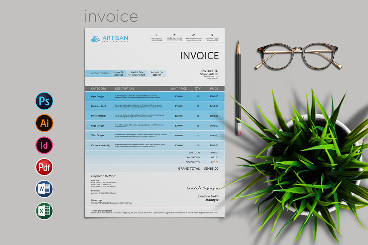 Invoice Template, a Stationery Template by artisanHR | Creative Market