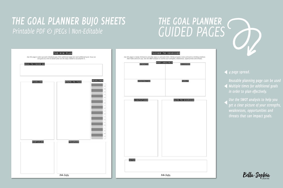Goal Planner Bujo Printable, a Stationery Template by Bella+Sophia Creative