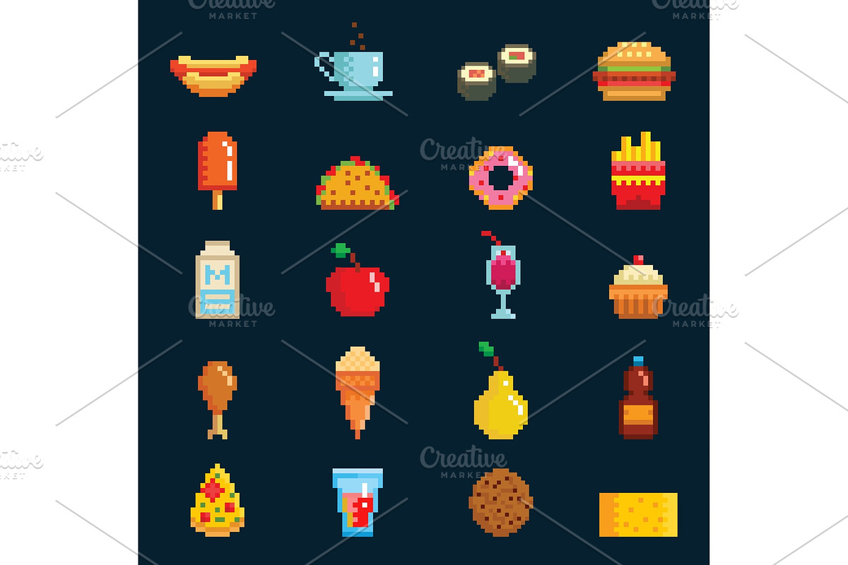 Vector pixelart fast food icons sign computer game design symbol web ...