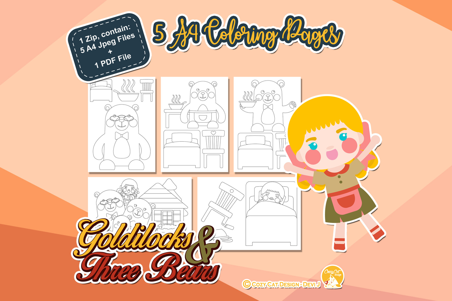 Goldilocks Coloring Pages, an Education Illustration by Cozy Cat Design