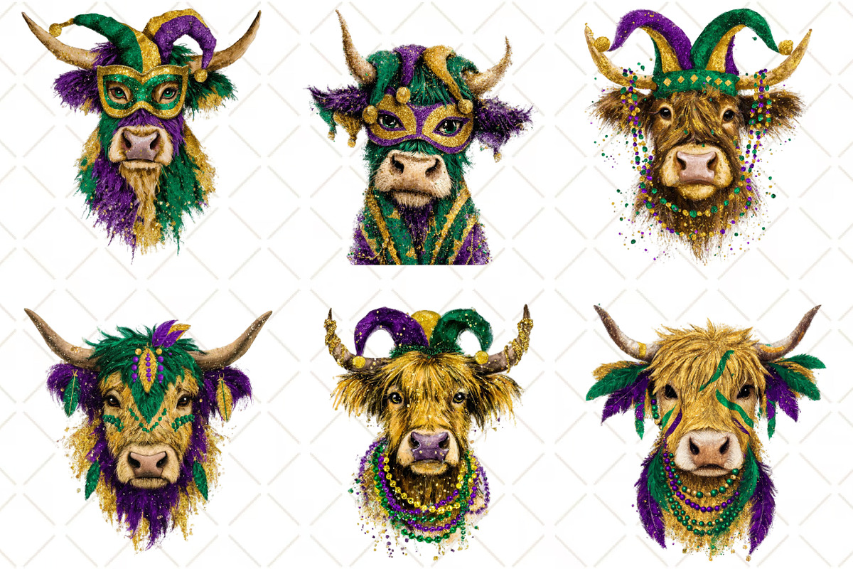 Cute Mardi Gras Highland Cow Clipart, an Illustration by Black Bird Studio