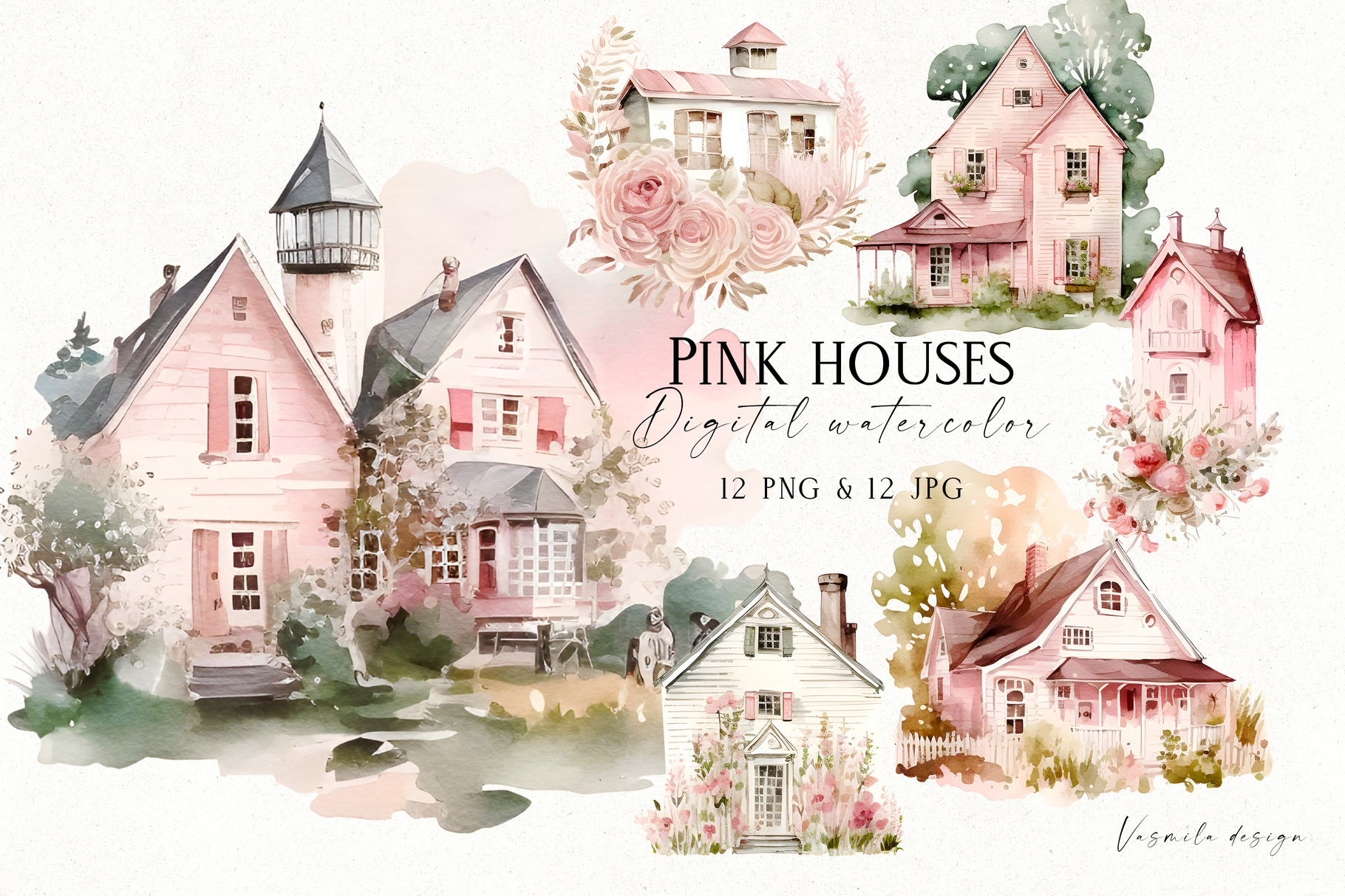 Watercolor pink houses, an Illustration by Vasmila | Creative Market