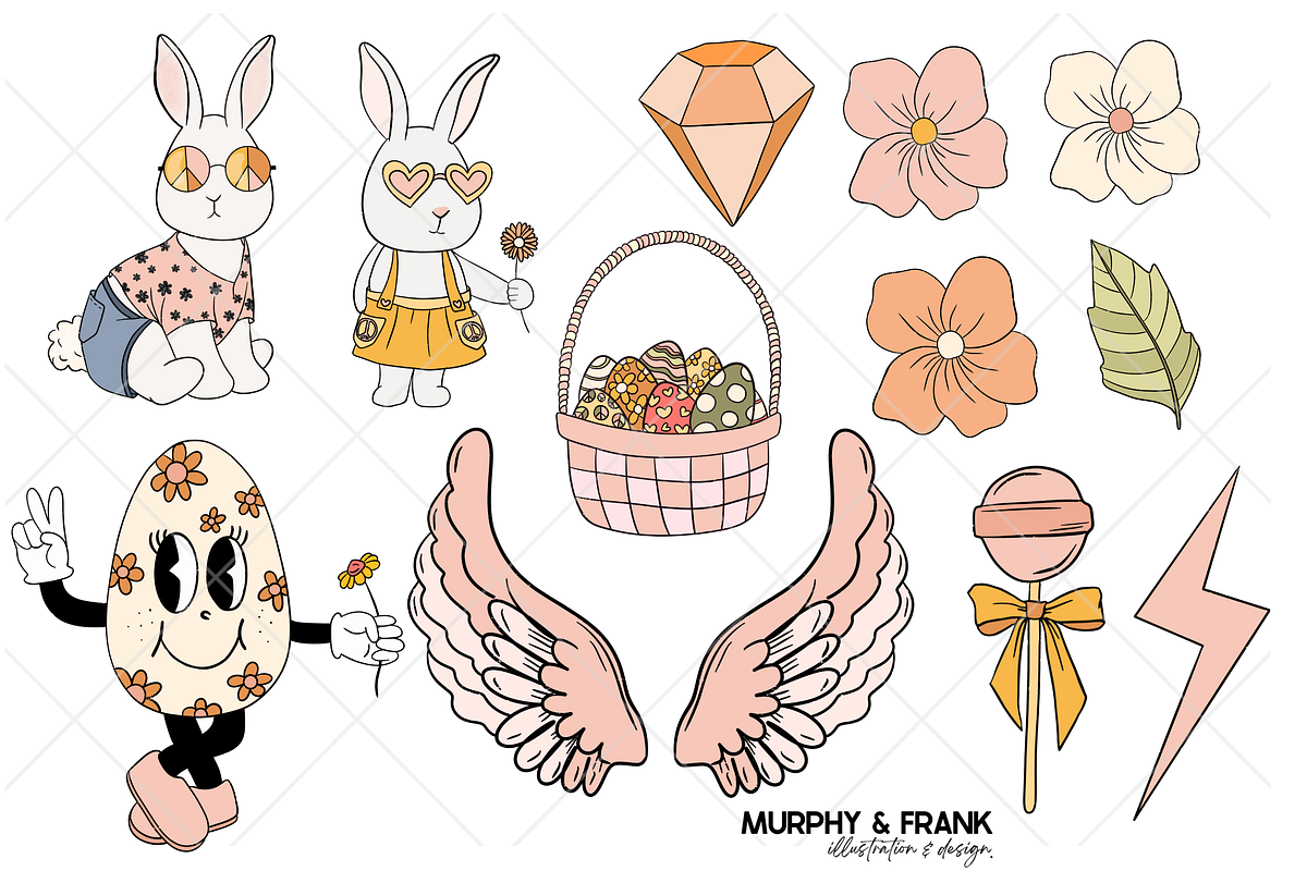 Retro Spring Groovy Easter Clipart, a Graphic by Murphy & Frank
