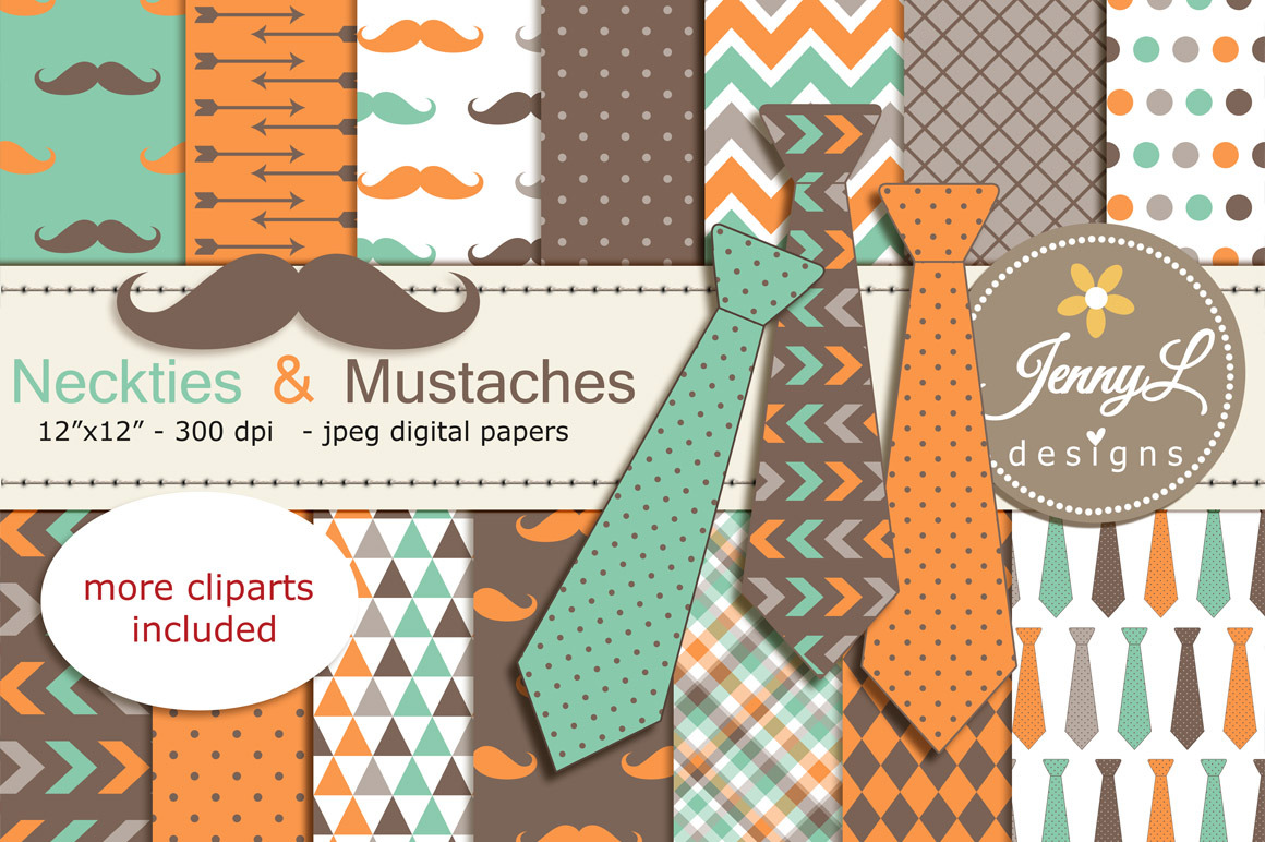 Neckties and Mustaches Digital Paper, a Pattern Graphic by JennyL Designs