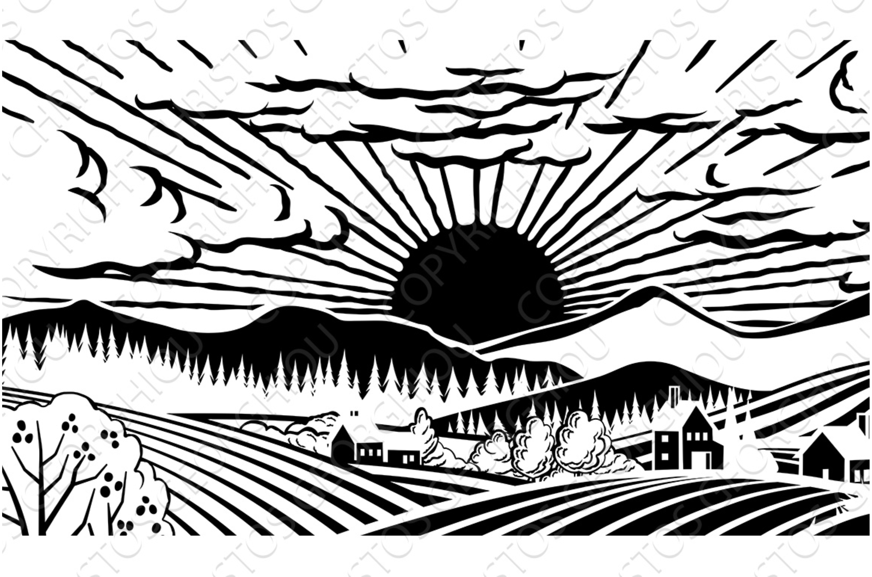 Fields Rolling Hills Sunrise Farm, an Illustration by Christos Georghiou