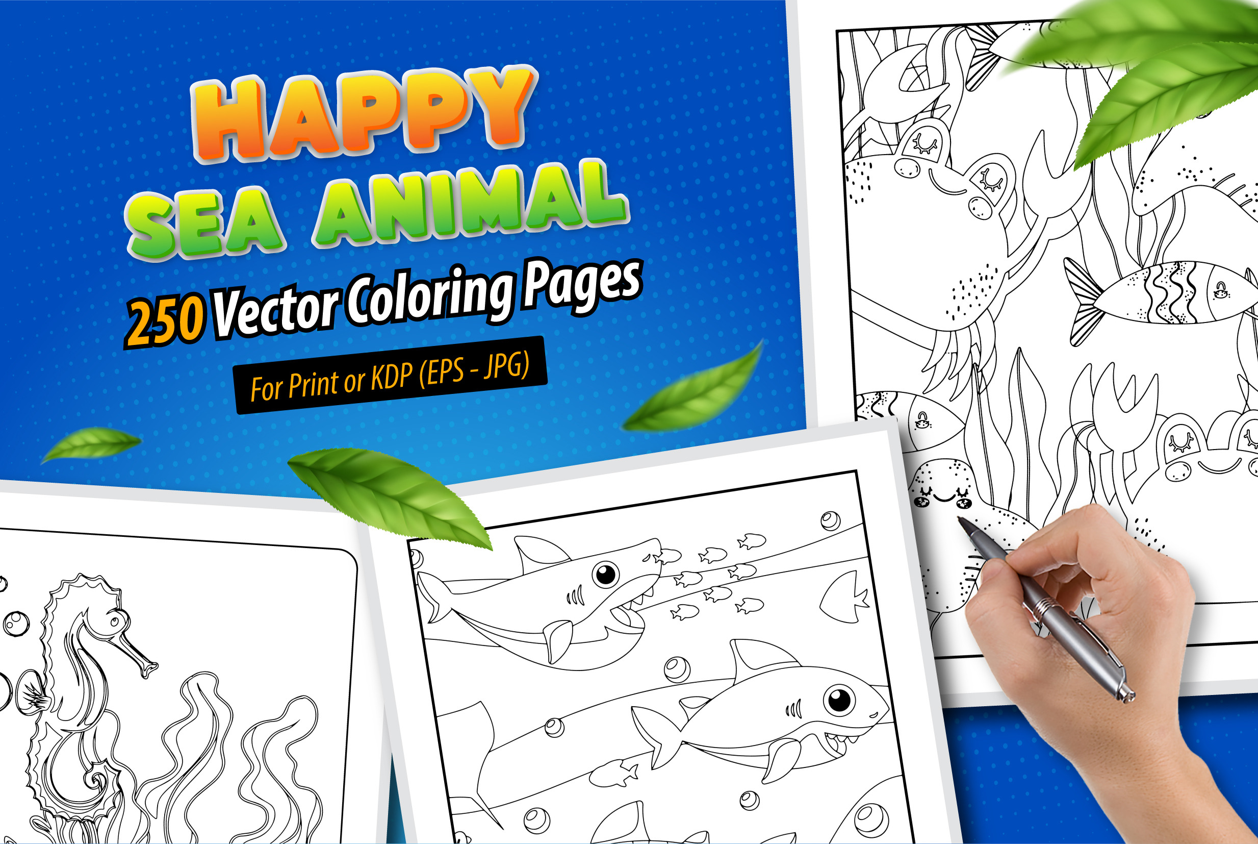 250 Vector Happy Sea Animal Coloring, an Animal Illustration by Blue ...