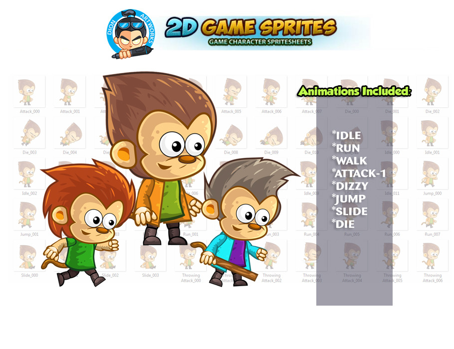 Monkeys 2D Game sprites Set, an Animal Illustration by DionArtworks