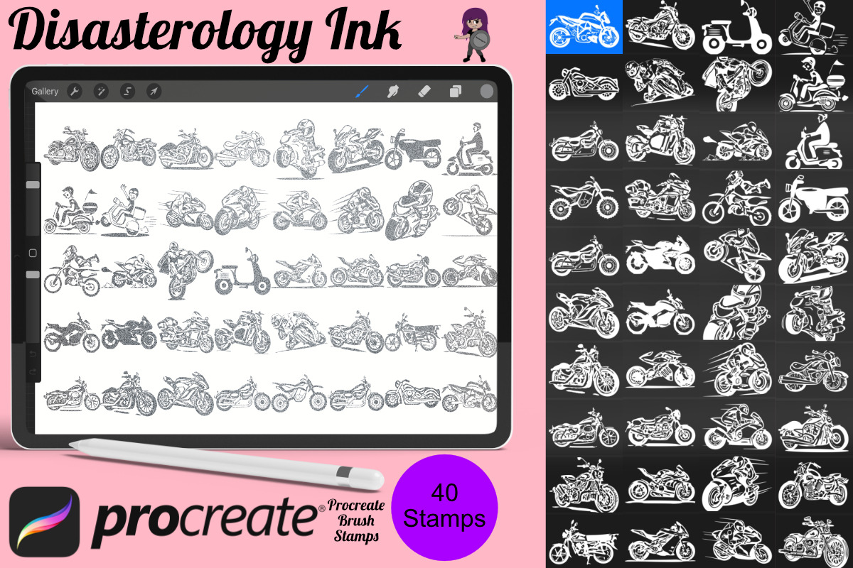 Motorbike Silhouette Set 1 Procreate, a Brush Add-On by Disasterology Ink