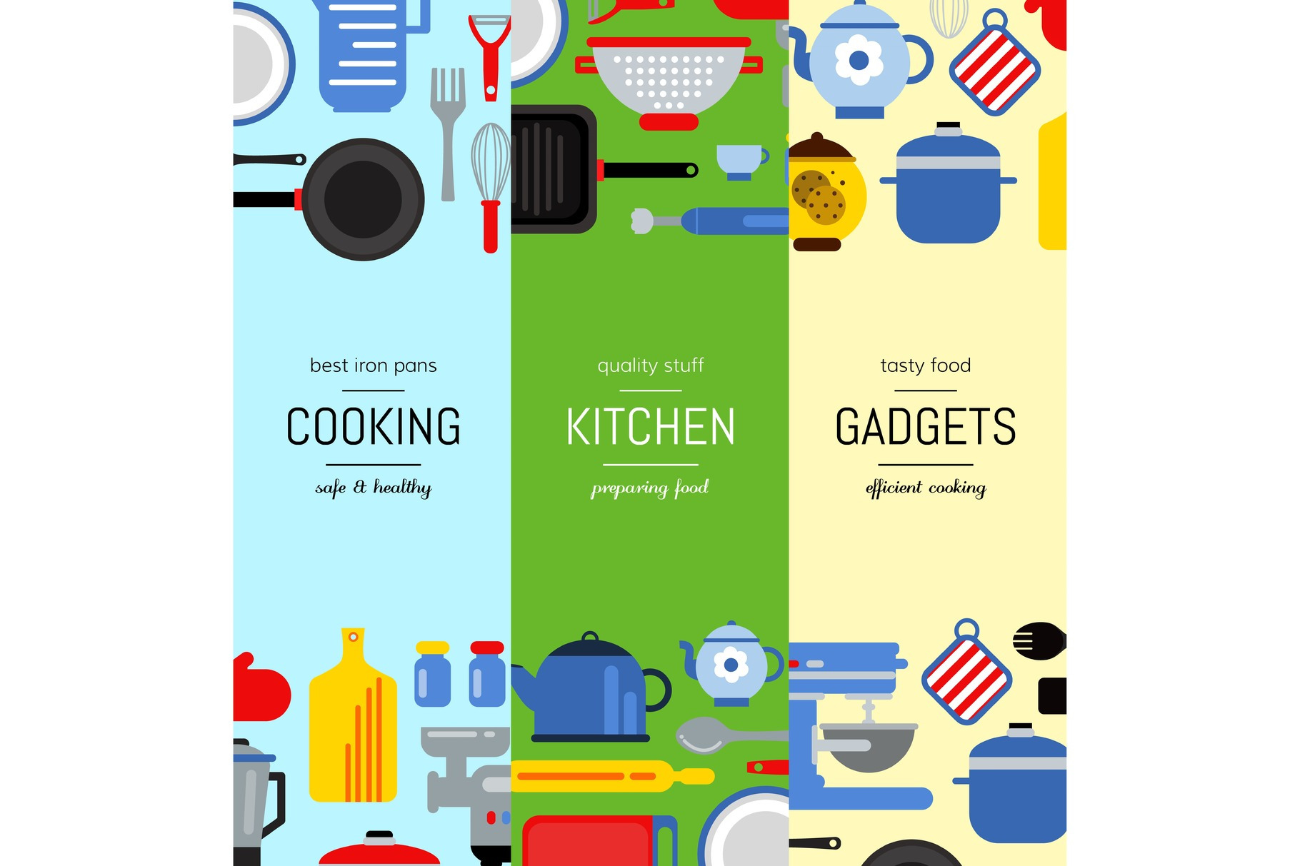 Vector flat style kitchen utensils vertical web banners illustration, a ...
