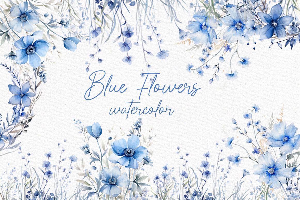 Dusty Blue flowers PNG Watercolor, a Decorative Illustration by LeCoqDesign