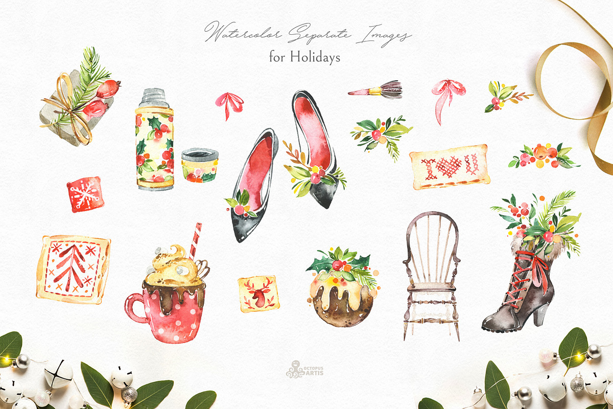 Hello Christmas. Watercolor Kit., a Decorative Illustration by OctopusArtis