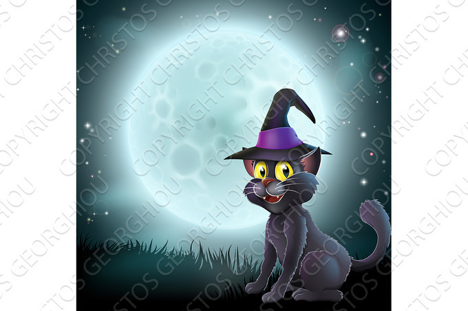 Halloween full moon witch cat, an Animal Illustration by Christos Georghiou