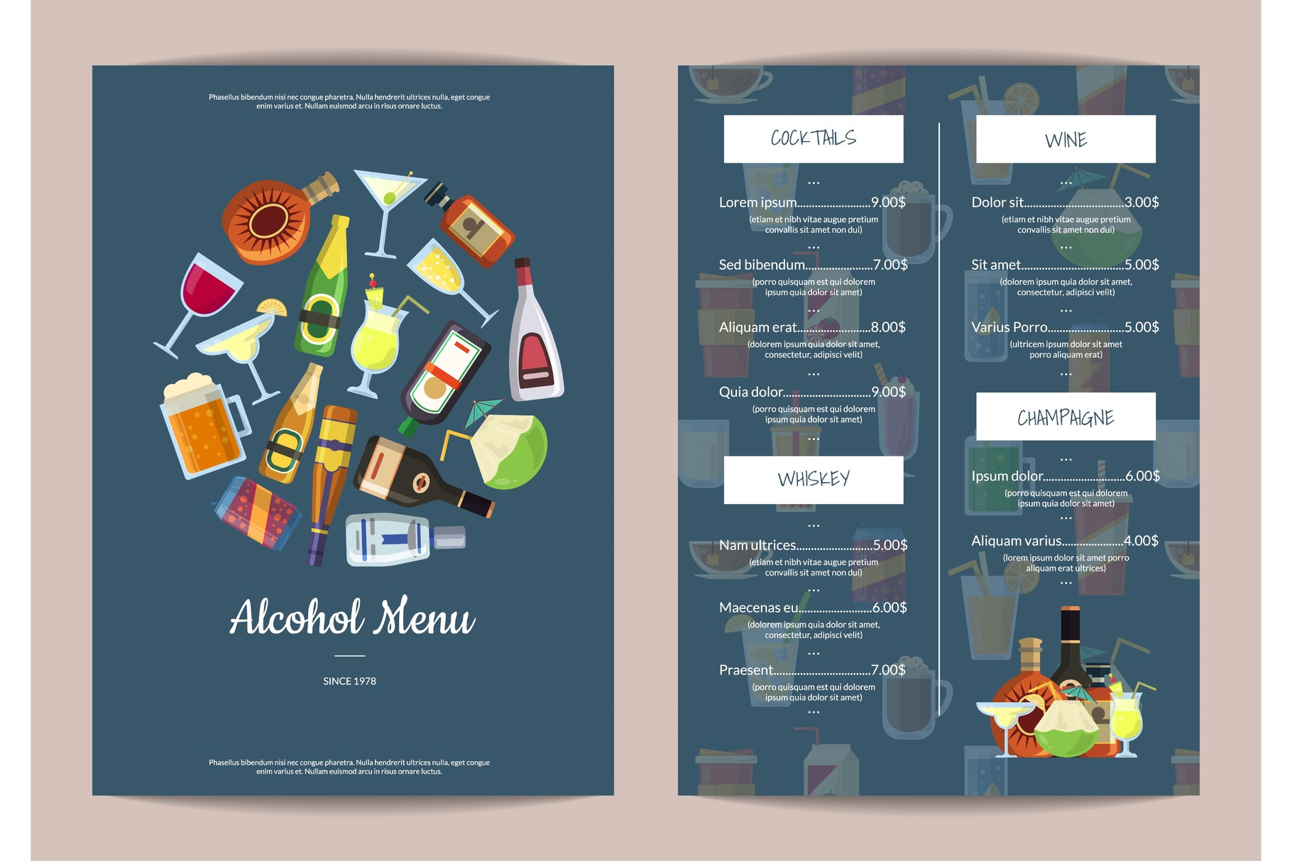Vector menu template with alcoholic drinks in glasses and bottles ...