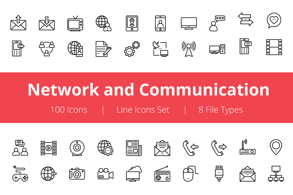 100 Network and Communication Icons, an Outline Icon by Prosymbols