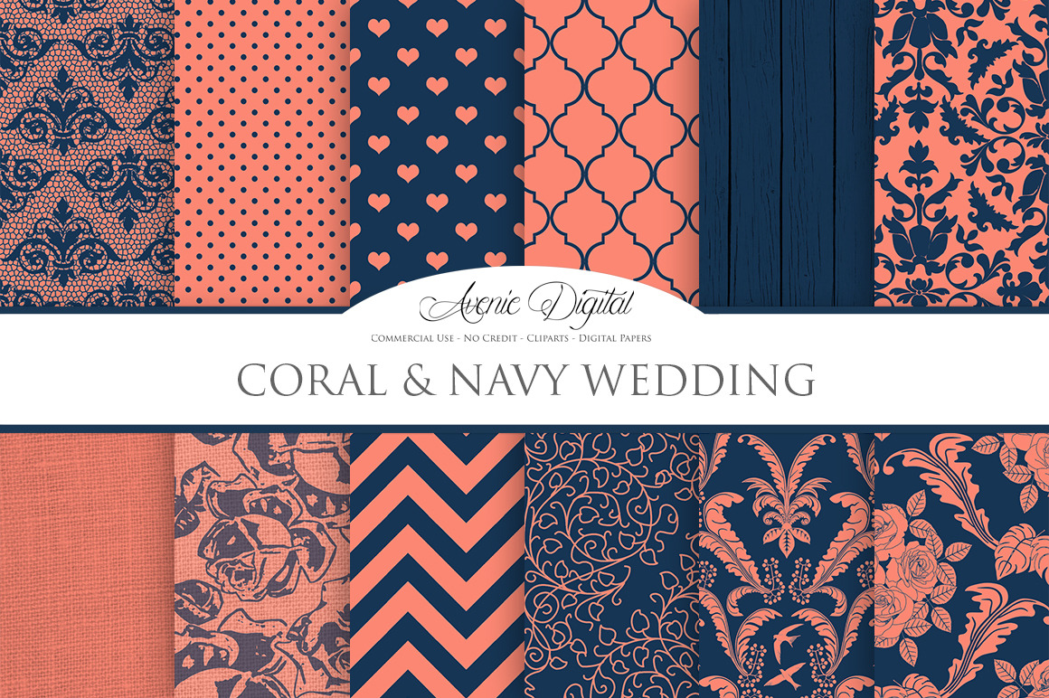 Coral and Navy Wedding Backgrounds, a Pattern Graphic by Avenie Digital