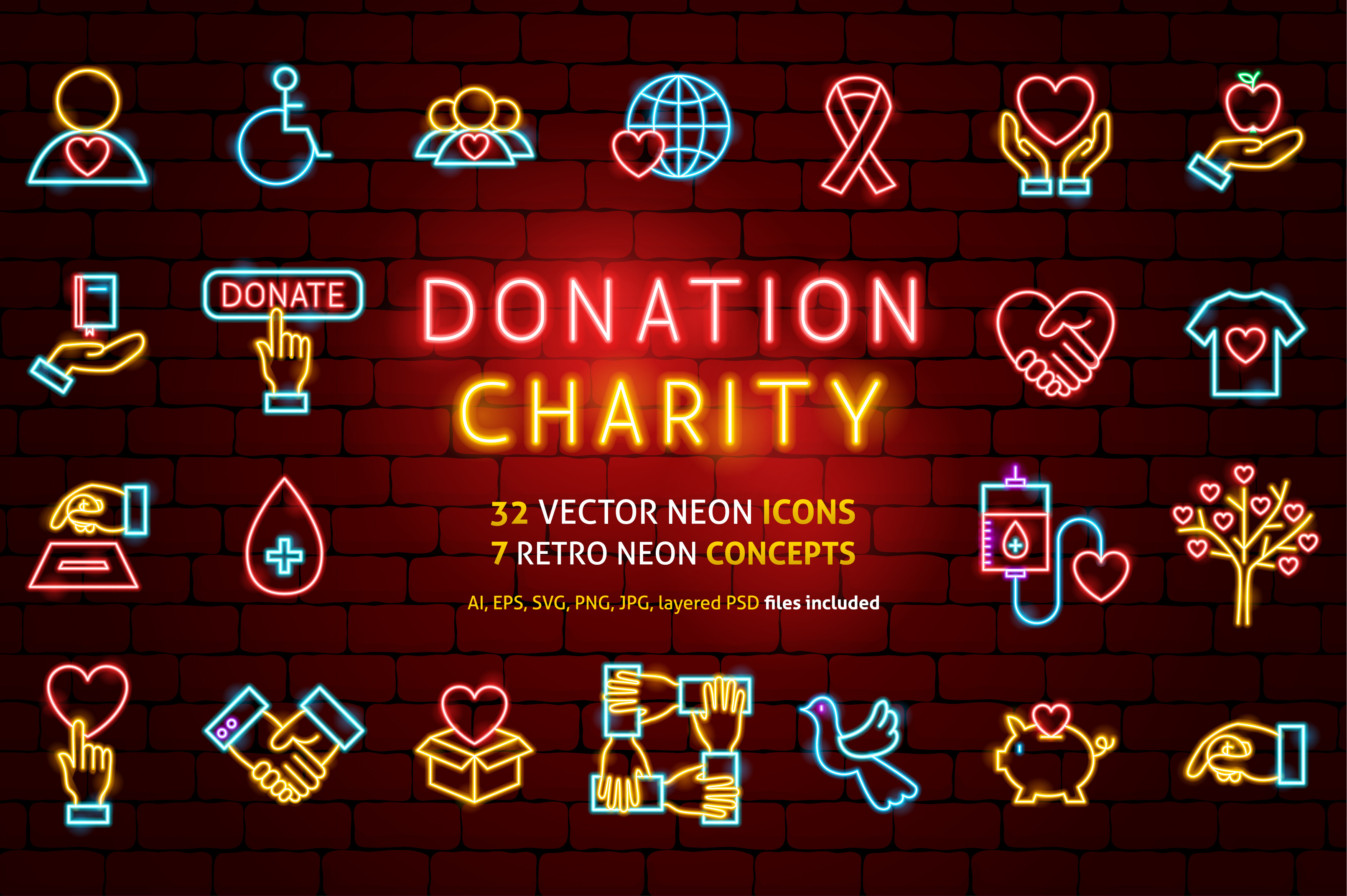 Charity Donation Vector Neon Icons | Creative Market