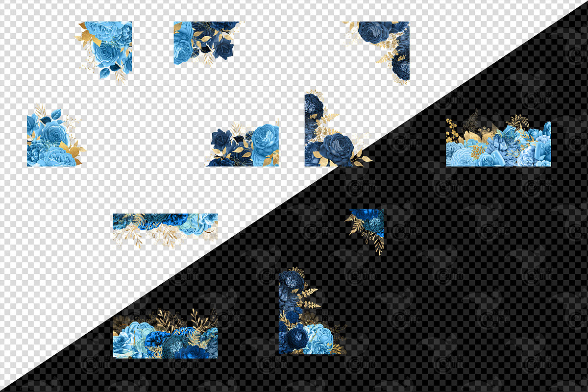 5x7 Blue and Gold Floral Overlays, an Illustration by Digital Curio