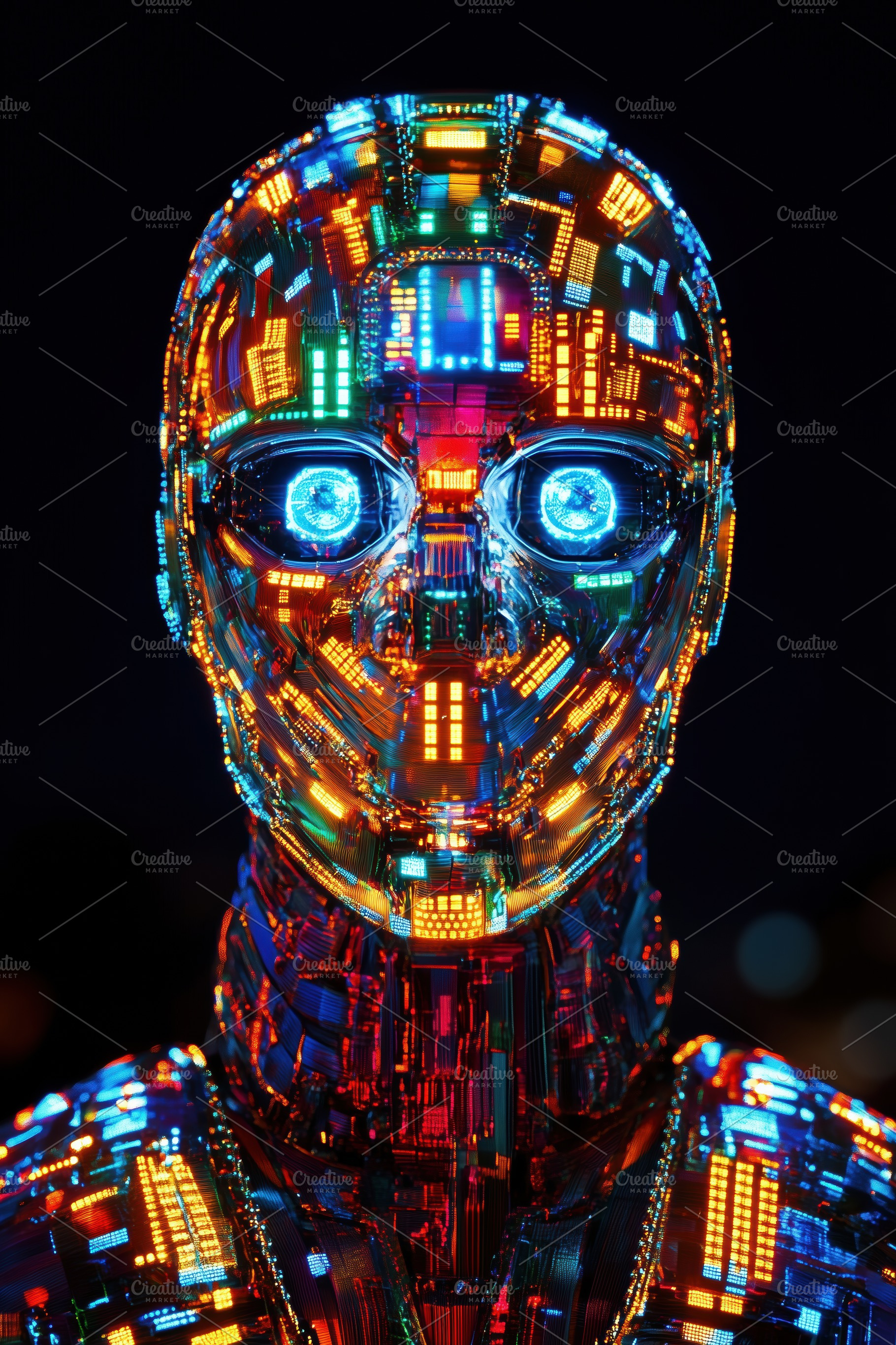 A futuristic robot with a transparent face showcasing vibrant LED ...