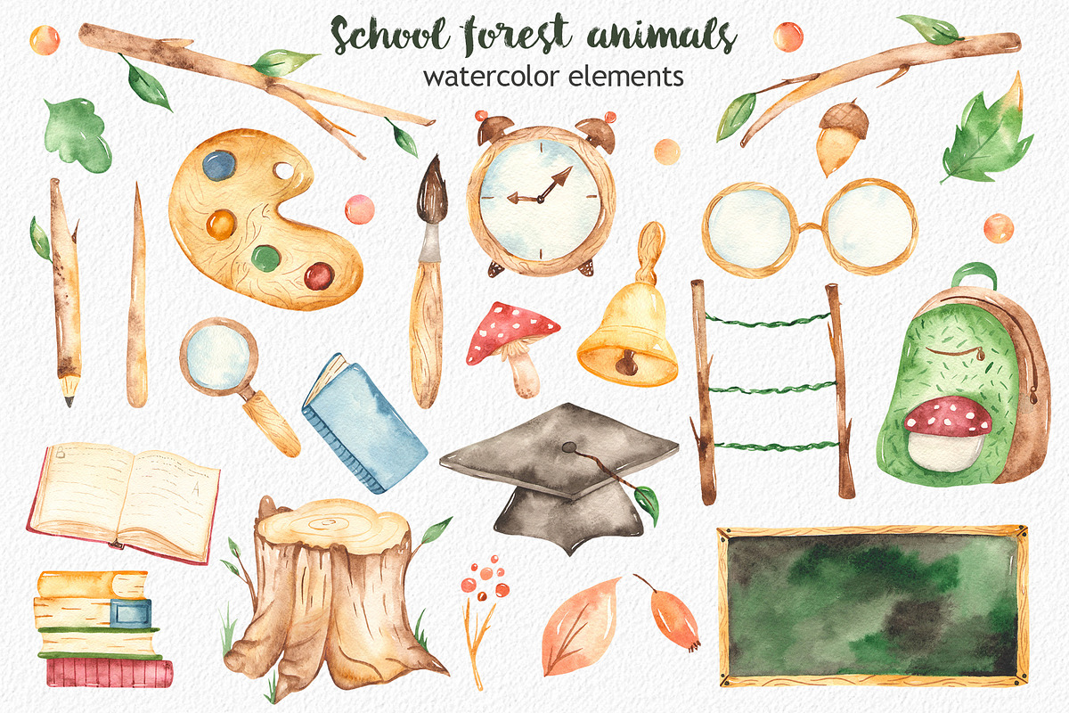 School forest animals Watercolor, an Animal Illustration by Marina Ermakova