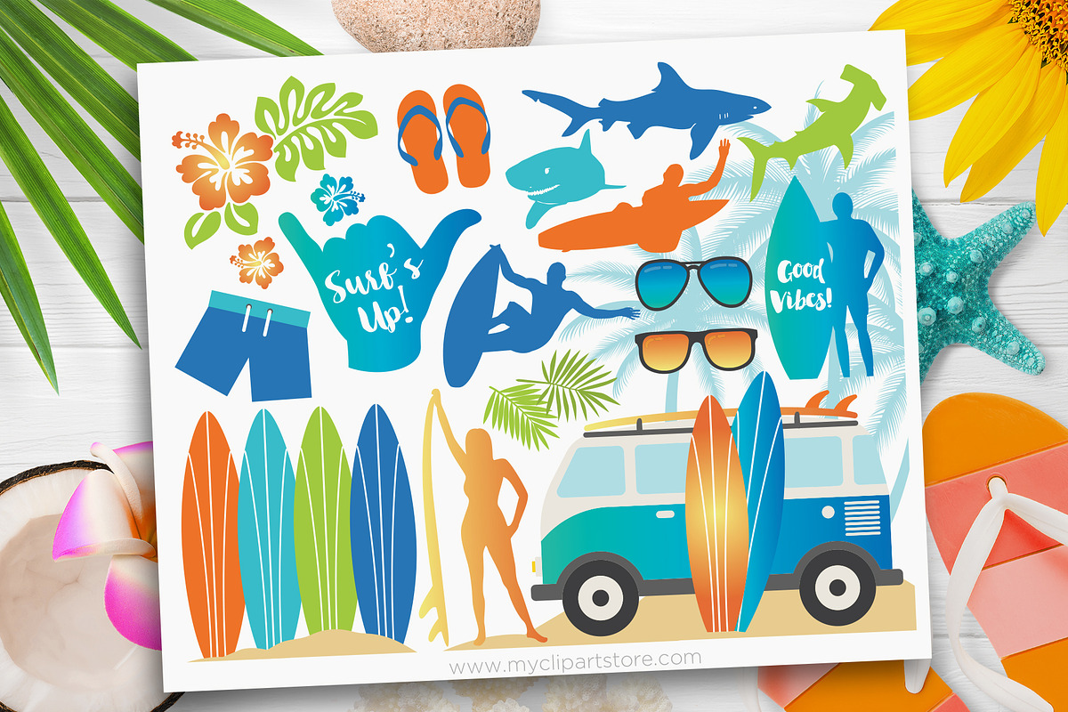 Summer Surfing Clipart, Beach, Shark, a Person Illustration by ...