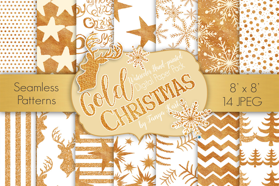 Gold Christmas Digital Paper Pack, a Pattern Graphic by Tanya Kart