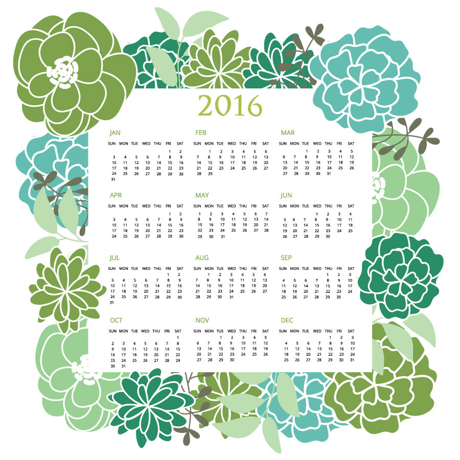 2016 Green Floral Calendar, a Card Template by MooBeer