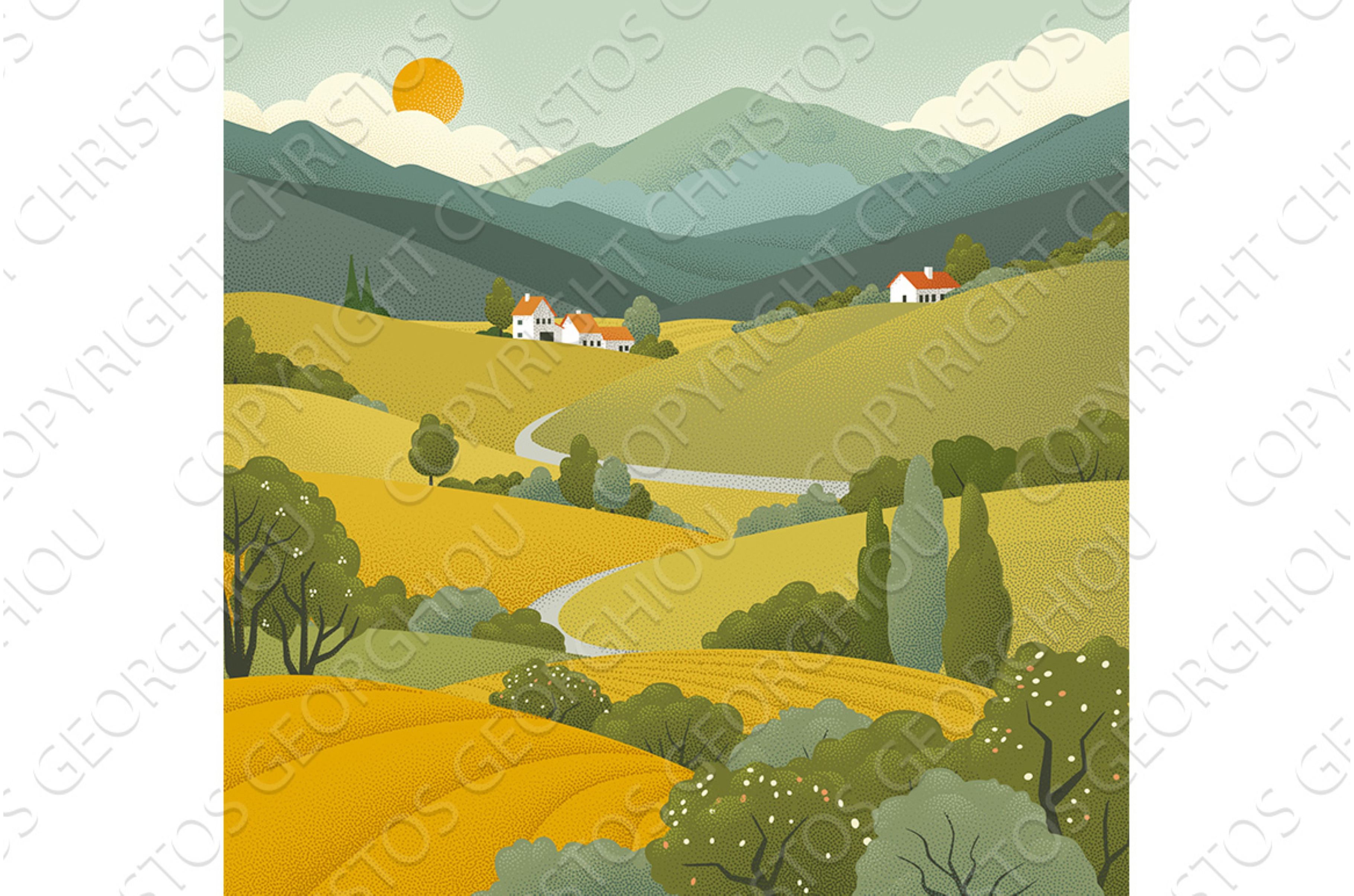 Fields Rolling Hills Farm Landscape, an Illustration by Christos Georghiou