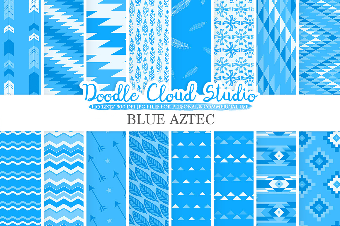 Blue Aztec digital paper, a Pattern Graphic by Doodle Cloud Studio