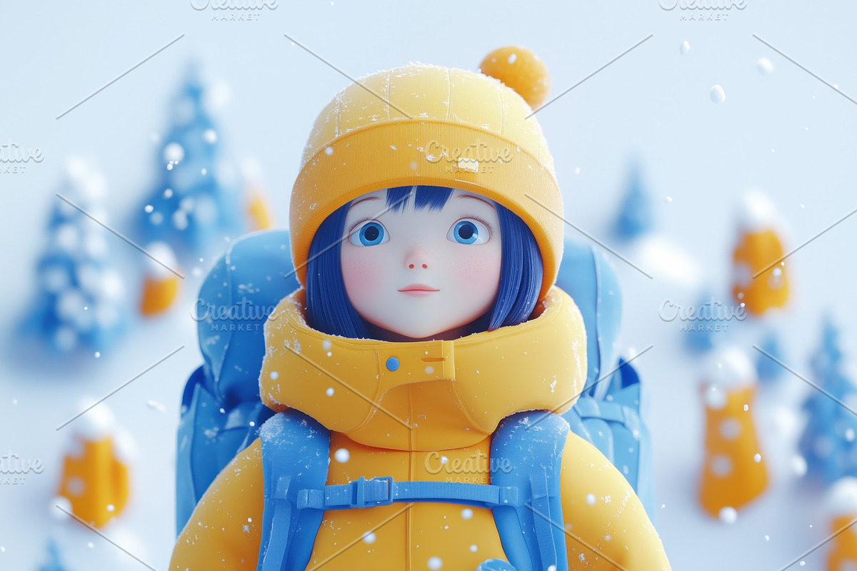 A stylized animated character wearing a bright yellow winter coat and ...