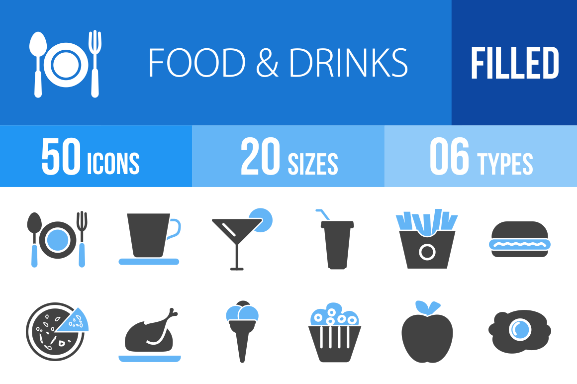 50 Food & Drinks Blue & Black Icons, an Icon by IconBunny