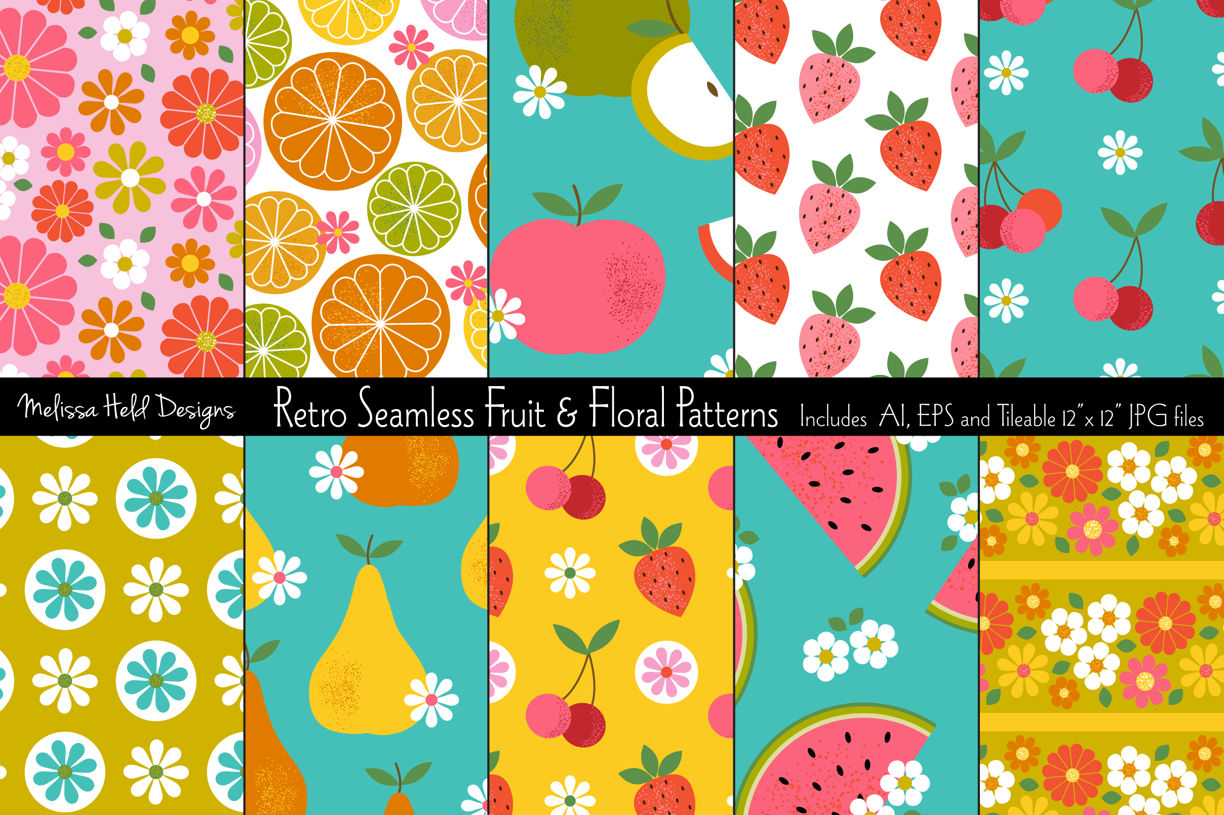 Retro Fruit & Floral Patterns, a Pattern Graphic by Melissa Held Designs
