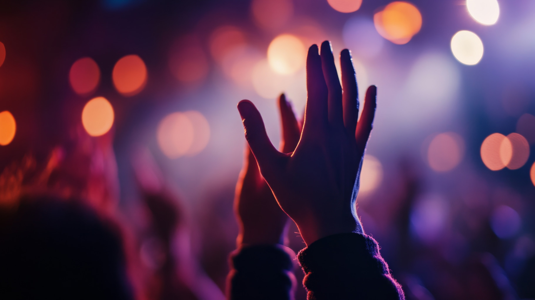 Raised Hands at Vibrant Concert with Colorful Stage Lighting, an ...