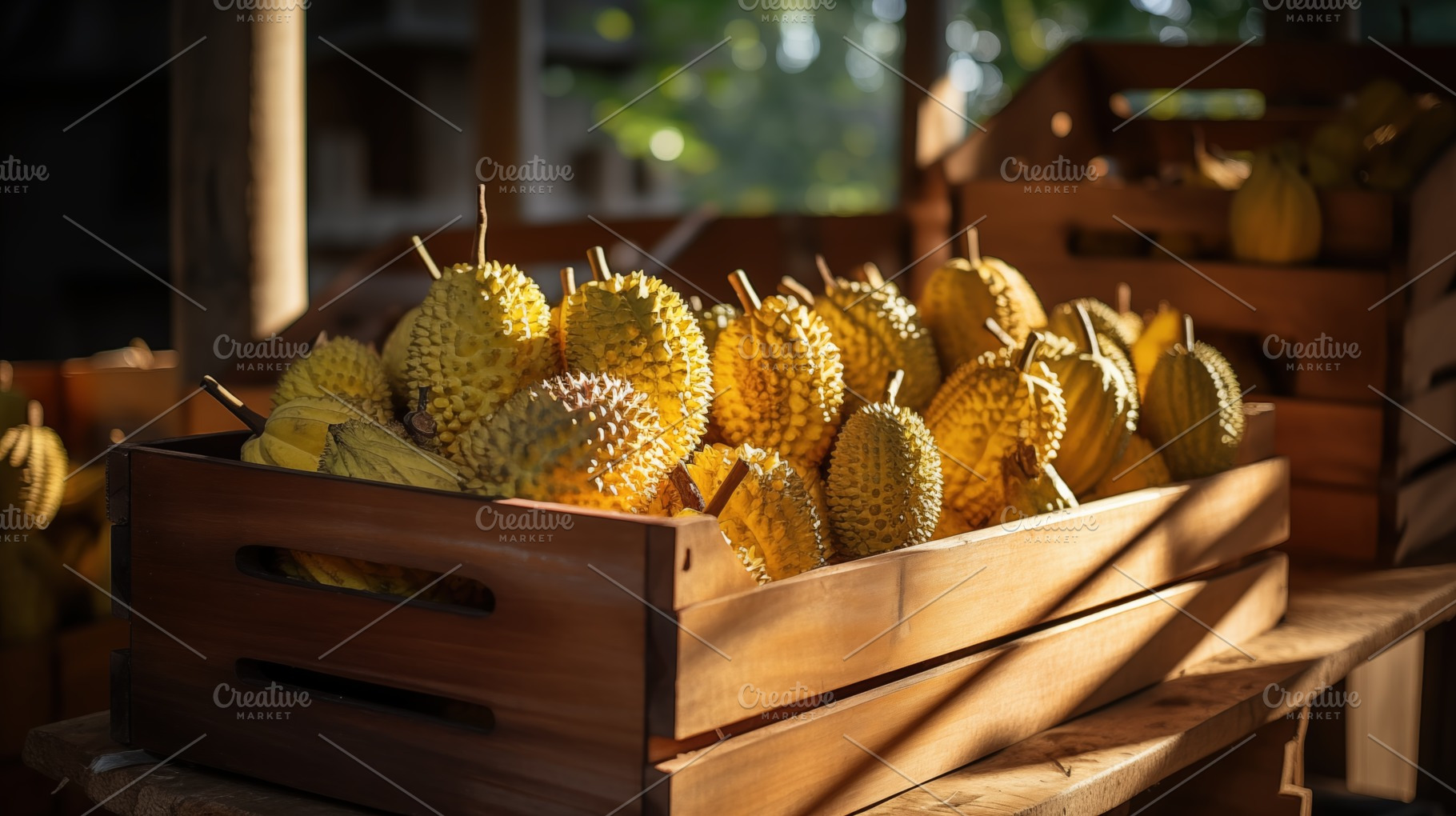 Durians jackfruits in wooden crates, a Food & Drink Photo by Textures ...
