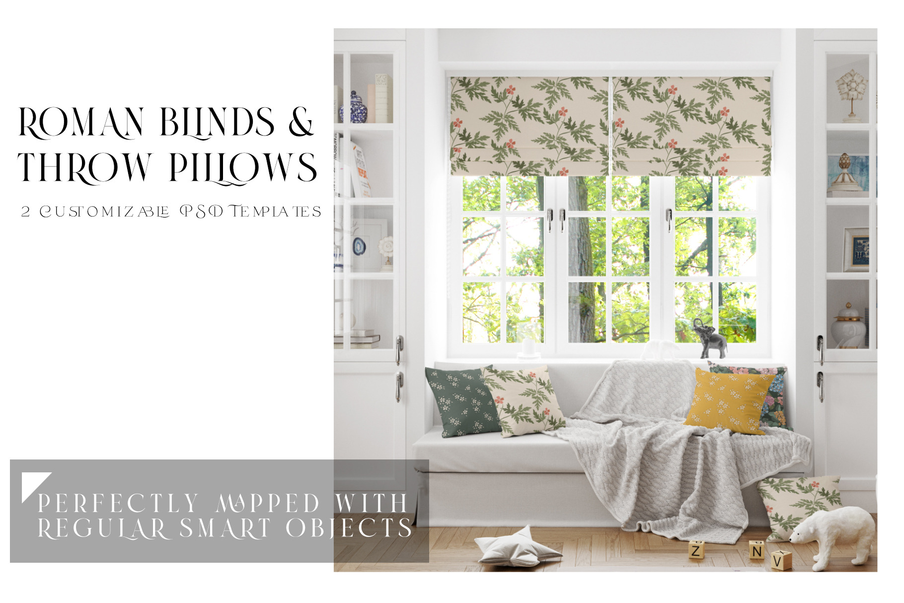 Roman Blinds & Throw Pillows Mockups, a Household Mockup by mock-ups