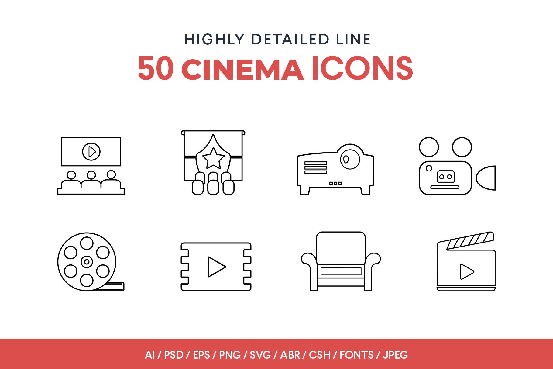 Line Icons Cinema Set, an Outline Icon by Jumbo Icons
