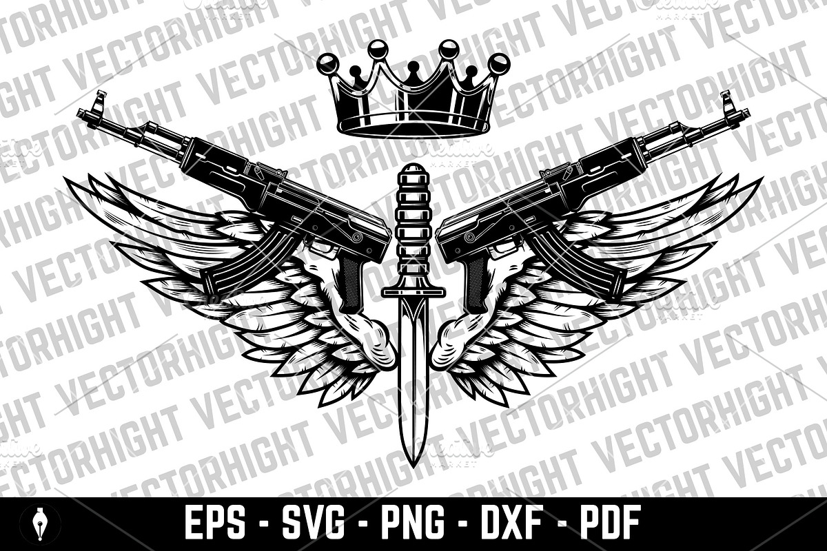 Two guns and wings with king crown., an Object Illustration by Vectorhight