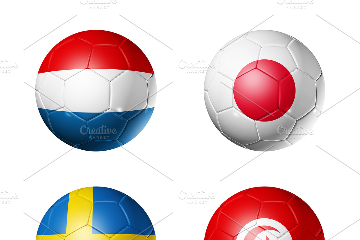 Football competition 2026 group F flags on soccer balls. 3D illu, a ...