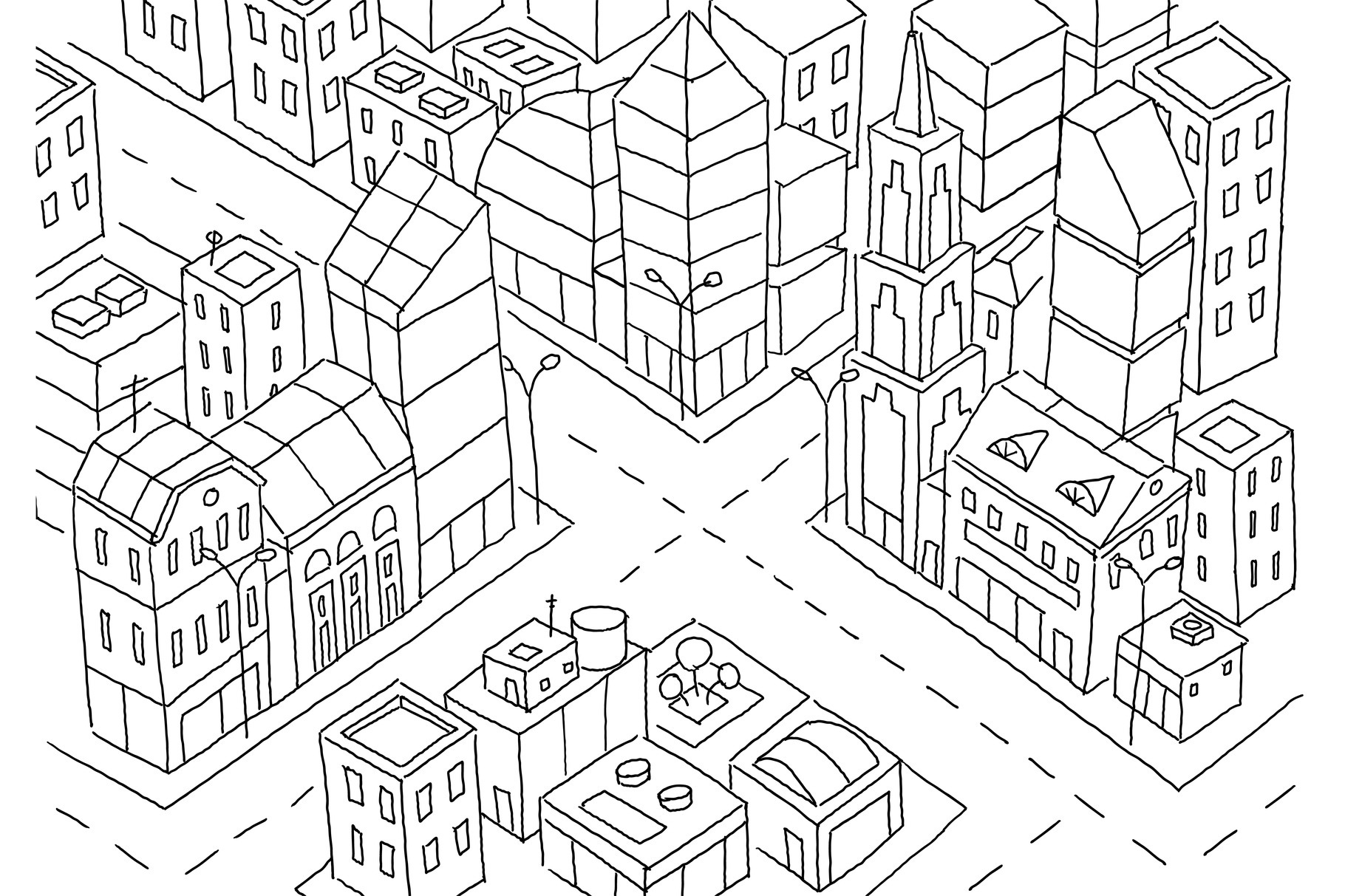 Intersection of the big city sketch. Skyscrapers and high-rise ...