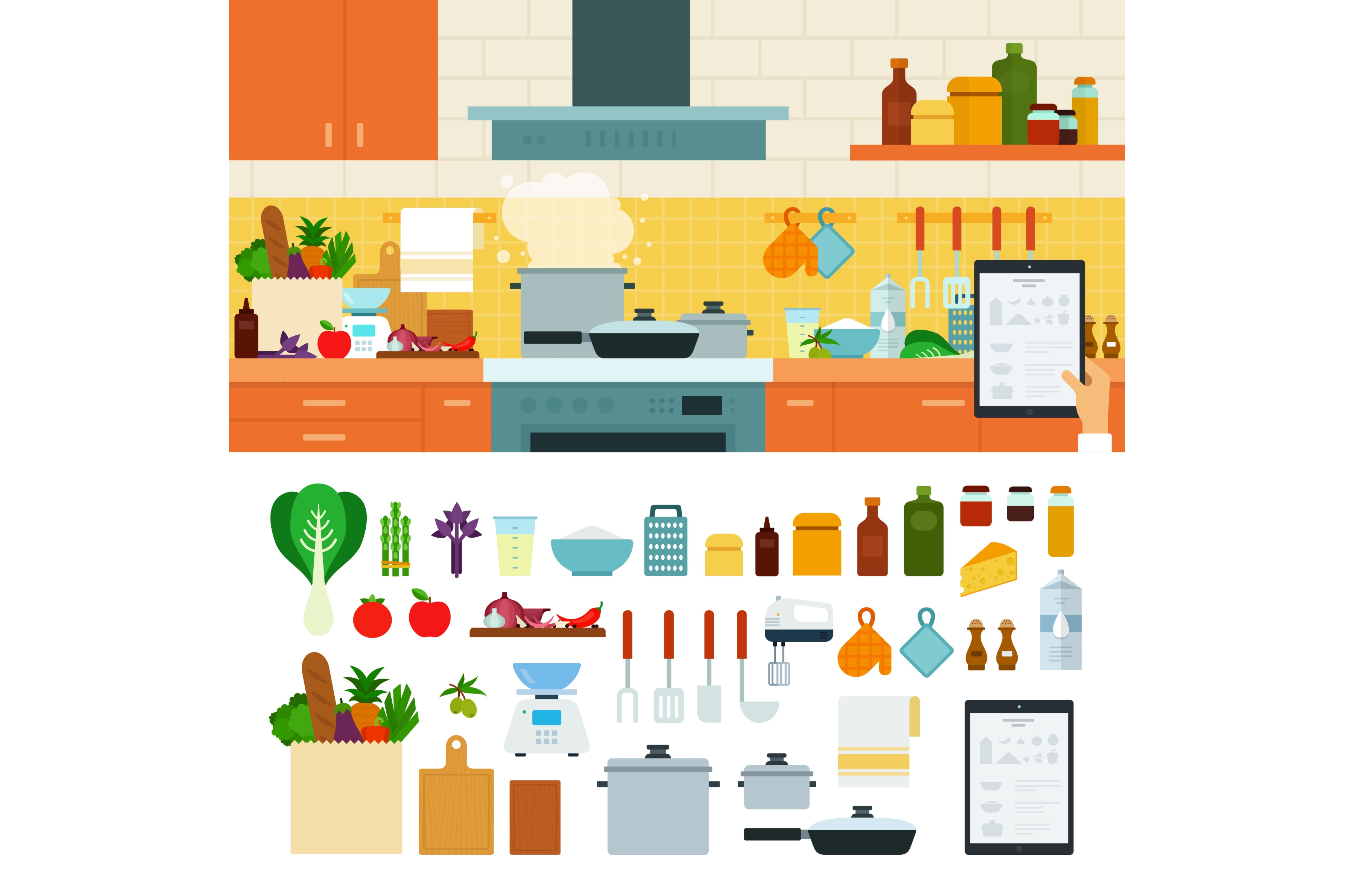 Cooking at home using online recipes | Food Illustrations ~ Creative Market