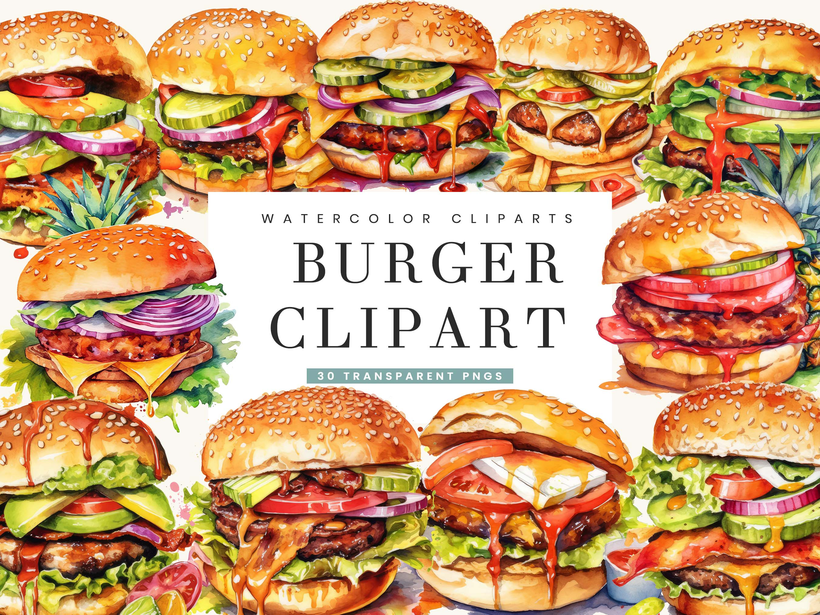 Watercolor Burger Clipart Bundle, a Food Illustration by BusyDaydesign