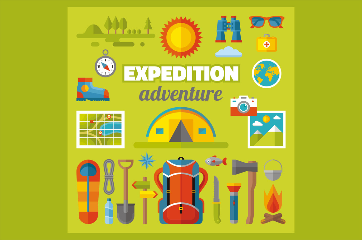 Expedition Adventure Flat Icons Set, an Illustration by serkorkin