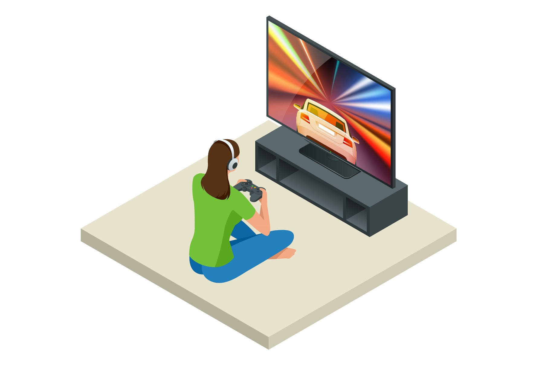Isometric young woman plays video game on TV using Gamepad. Driving car ...