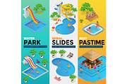 Aquapark vertical web banners with different water slides, family water ...
