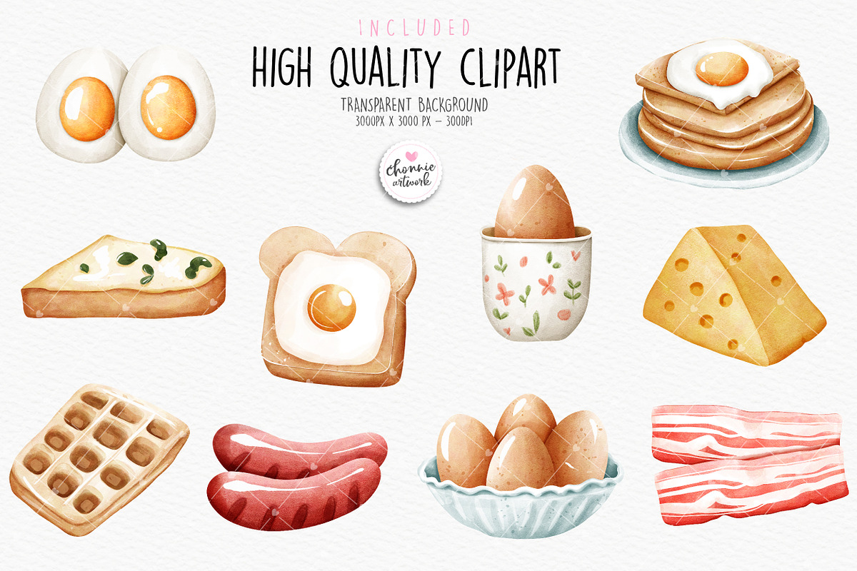 Watercolor breakfast clipart, a Food Illustration by Chonnieartwork