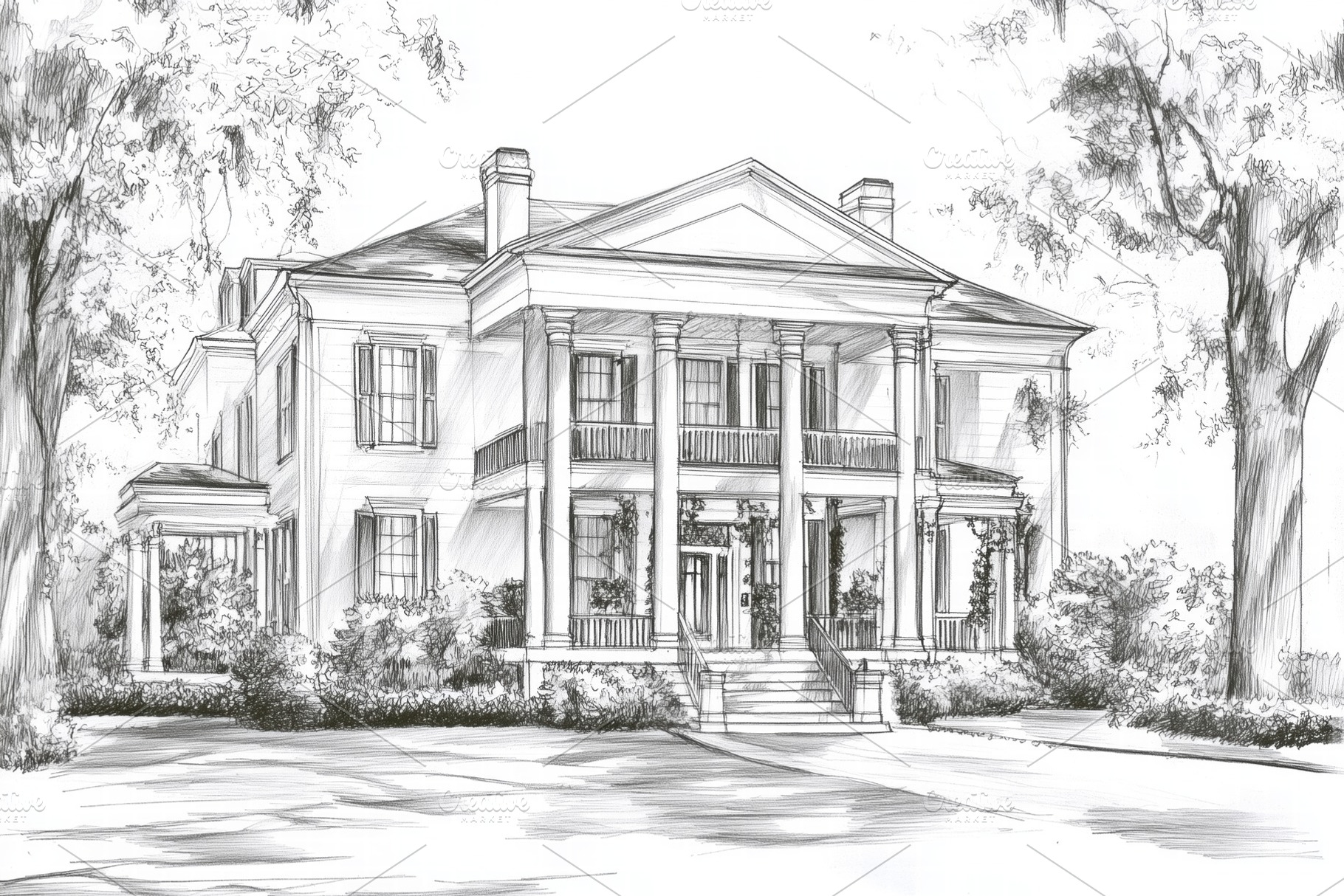 A detailed sketch of a classic Southern-style Antebellum style house ...