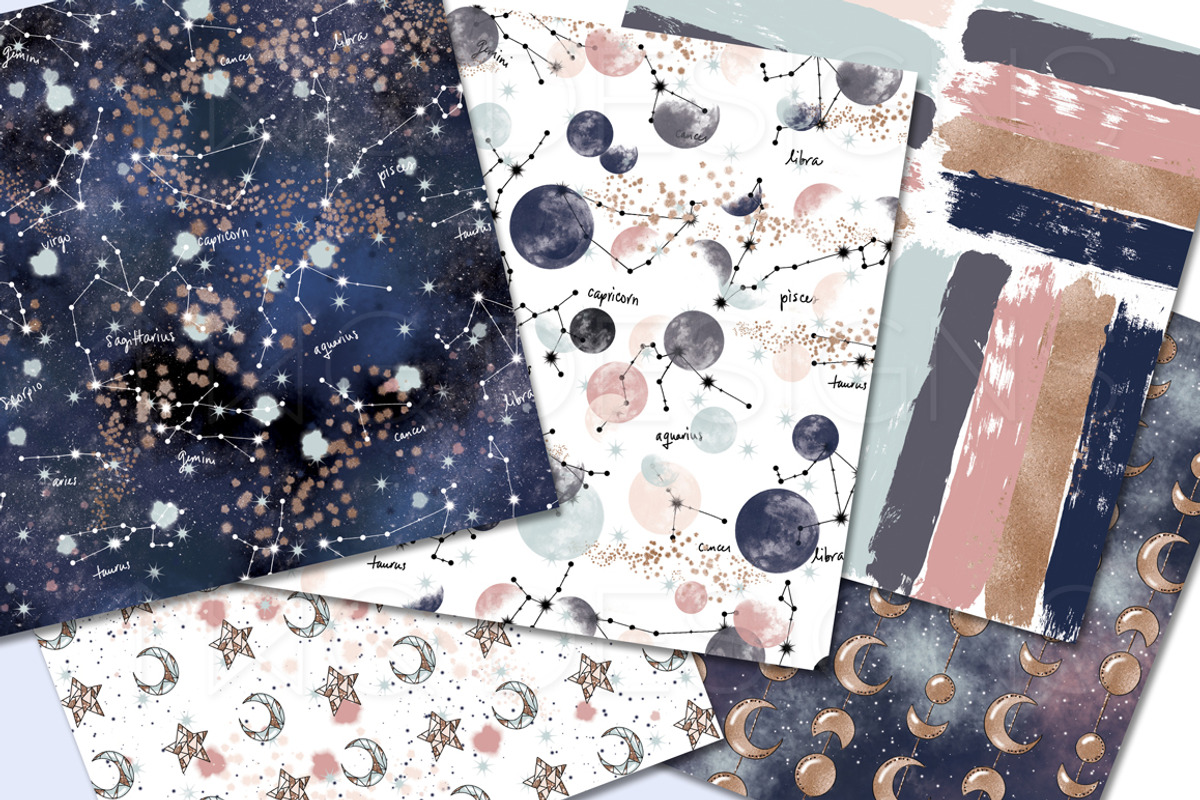 Navy Moon & Stars Digital Papers, a Pattern Graphic by TWG Designs